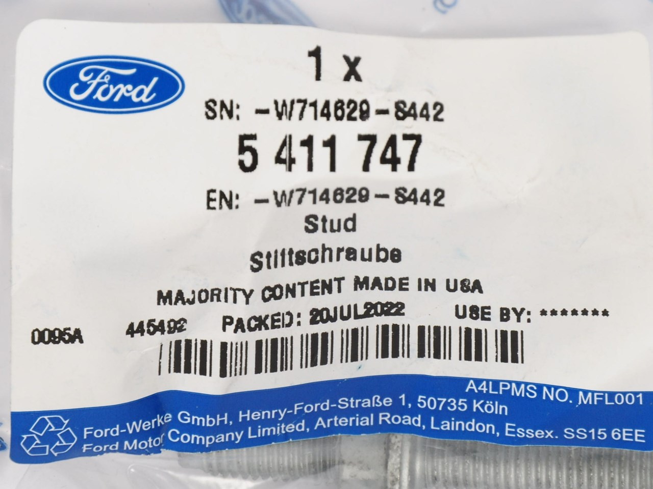 ŚRUBA DWUSTRONNA POKRYWY SKRZYNI BIEGÓW FORD OE _ 5411747 _ W714629 ...